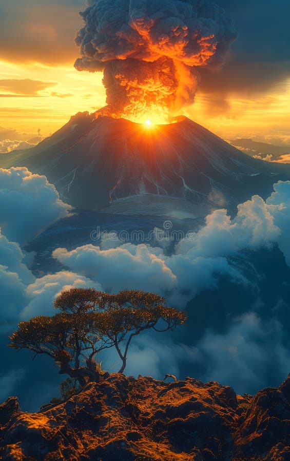 A Volcano Erupts with a Tree in the Foreground. the Sky is Filled with ...