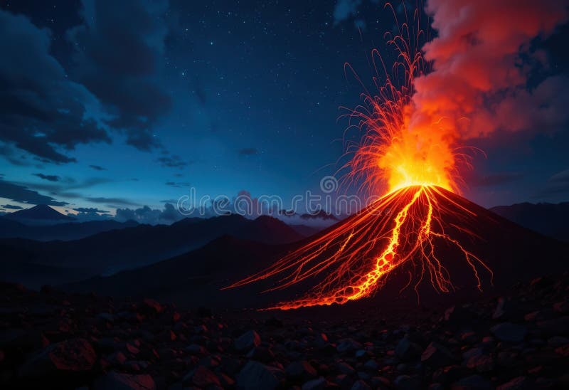 Volcano Erupts Under Night Sky with Glowing Lava and Ash Clouds Stock ...