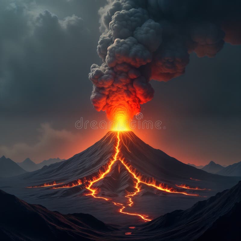 Volcano Erupts Violently. Molten Lava Flows Down Slopes. Dark Ash Cloud ...