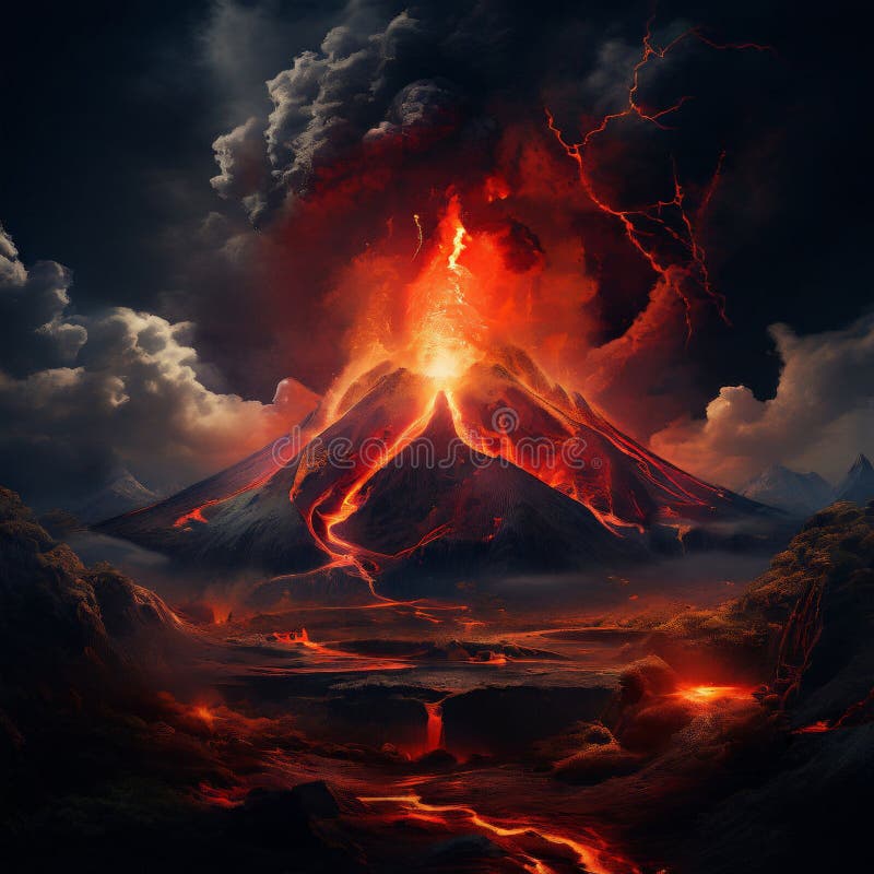 Volcano with Fire in Red Sky, Illustration Stock Illustration ...