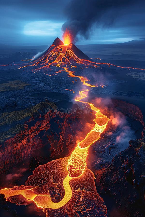 Volcano with Flowing Lava Rivers and Erupting Smoke in a Dynamic ...