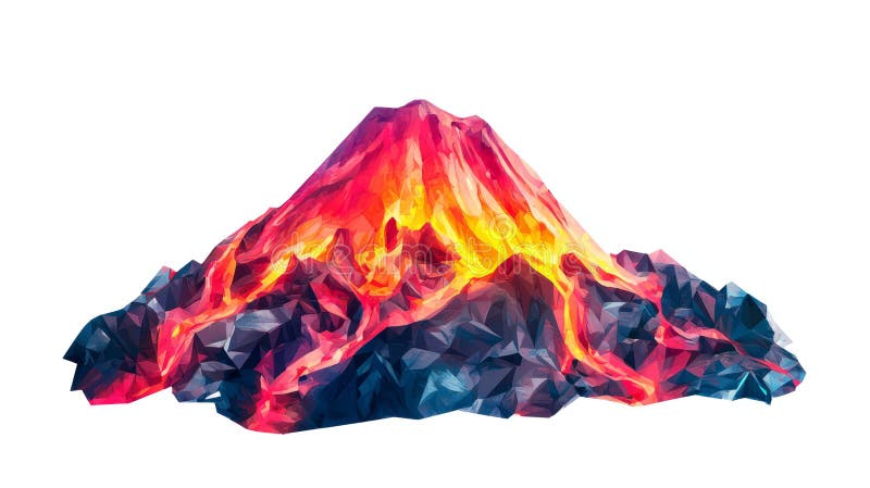 Volcano with Glowing Red Lava Cracks, Low Poly on a White Background ...