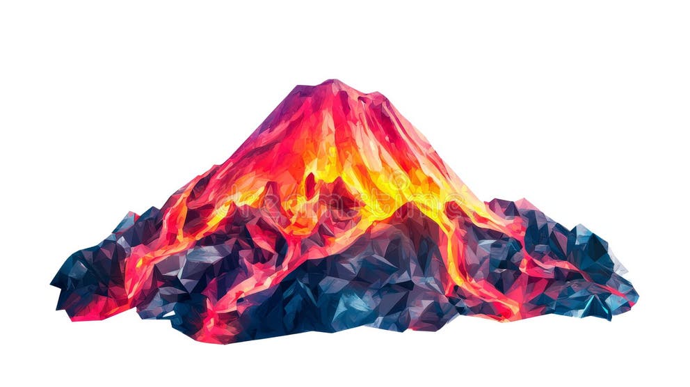 Volcano with Glowing Red Lava Cracks, Low Poly on a White Background ...