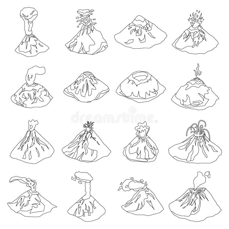 Volcano Icons Set Vector Outline Stock Vector - Illustration of natural ...