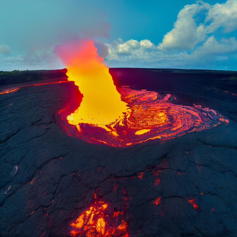 Volcano Landscape with Boiling Lava and Solidified Igneous Rock Stock ...