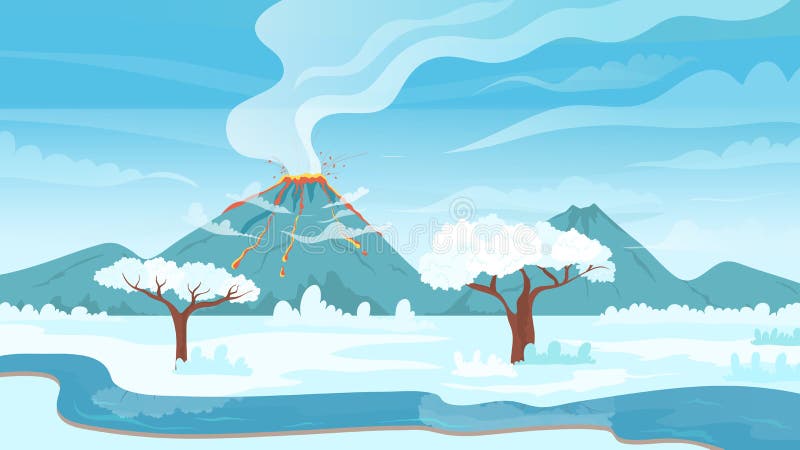 Volcano Landscape with Snow in Winter, Scenery with Exploding Volcano ...