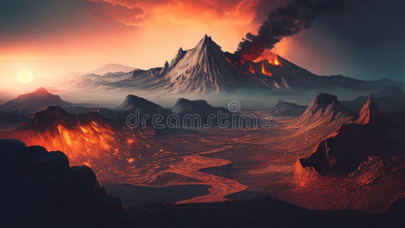 Volcano Landscape in Sunset Stock Illustration - Illustration of fire ...