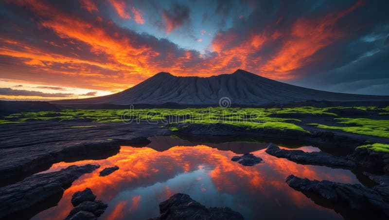 Spectacular Volcanic Landscape at Sunset with Vibrant Sky Reflection ...