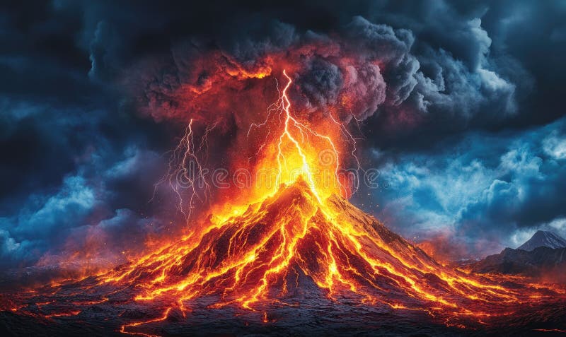 A Volcano with a Large Cloud of Smoke and Fire Coming Out of it Stock ...