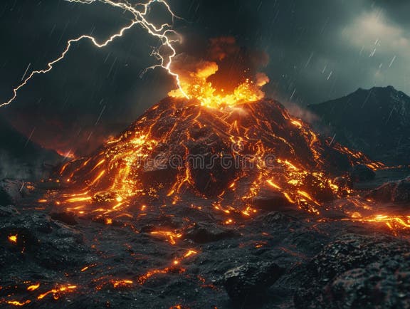 Volcano with Large Fire and Storm in Background Stock Photo - Image of ...
