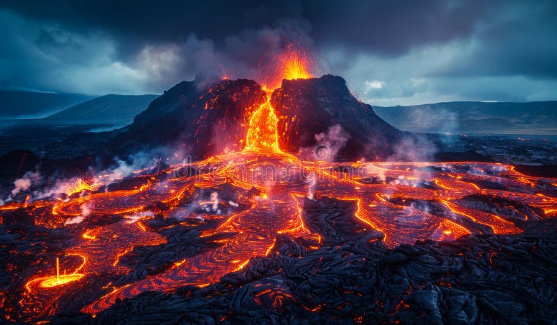 A Volcano with a Large Hole in the Top and a Large Fire Coming Out of ...