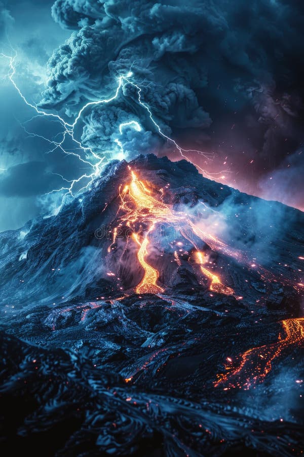 Volcano with Lava and Lightning Stock Photo - Image of doomsday ...