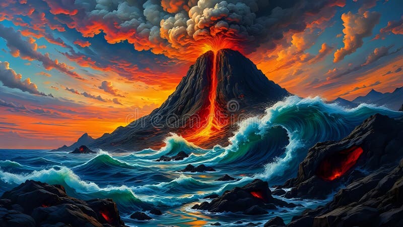 Volcano, Lava, Ocean, on Canvas, Ultra Hd Stock Illustration ...
