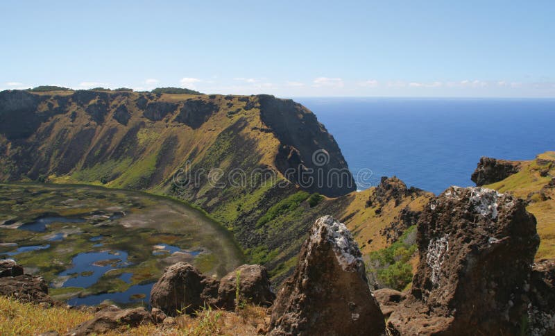Volcano Rano Kau, Easter Island Stock Image - Image of clouds, ground ...