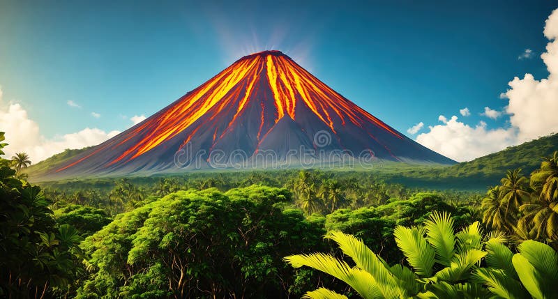 A Volcano with Red Lava Flowing Down Its Side. the Sky is Blue and ...