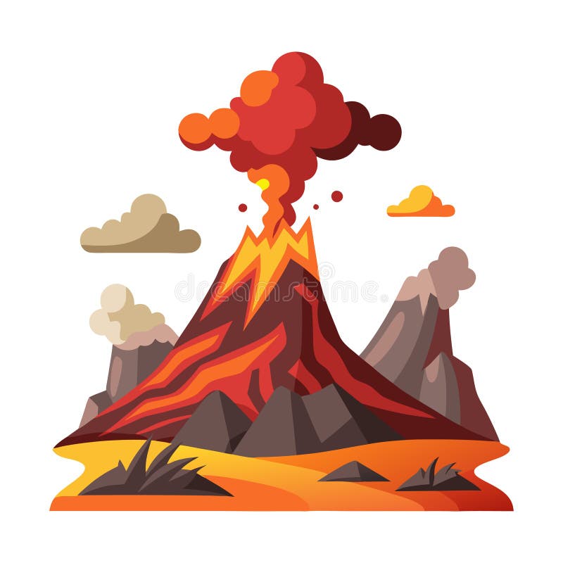 A Volcano with a Red and Orange Lava Flow Stock Vector - Illustration ...