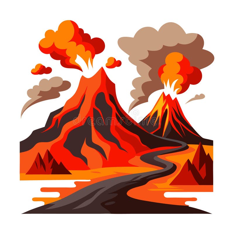 A Volcano with a Red and Orange Lava Flow Stock Vector - Illustration ...
