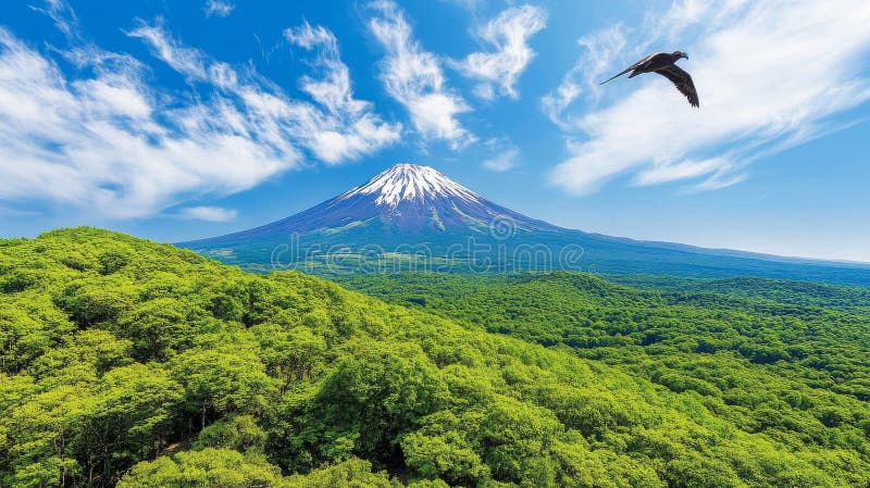 A Volcano with a Snowy Peak Soars Above the Dense Greenery of a ...