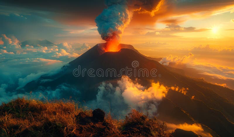 A Volcano is Spewing Lava into the Sky. the Sun is Setting Behind the ...
