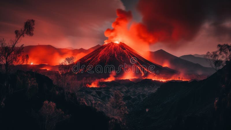 A Volcano Spewing Red Smoke into the Sky. Generative AI Image. Stock ...