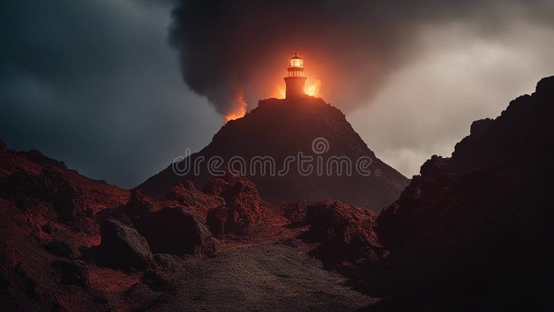 Volcano at Sunset a Scary Lighthouse in a Hellish Volcano, with Lava ...