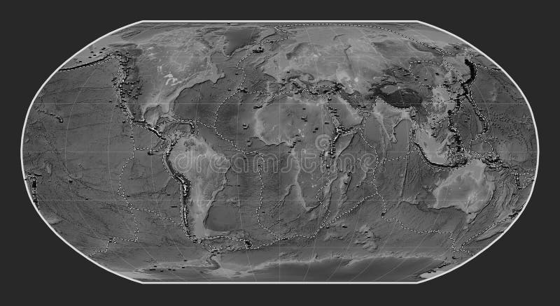 Volcanoes on the World Grayscale Map - 0 PM. Robinson Stock ...