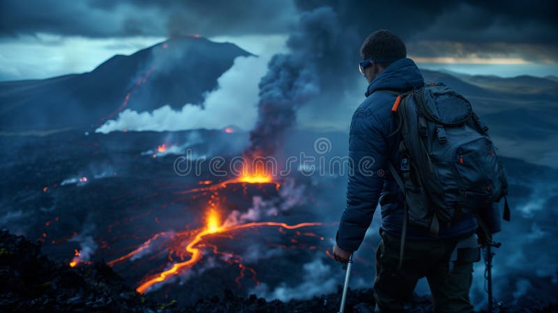Volcanologist Exploring Active Lava Field in Protective Suit Stock ...
