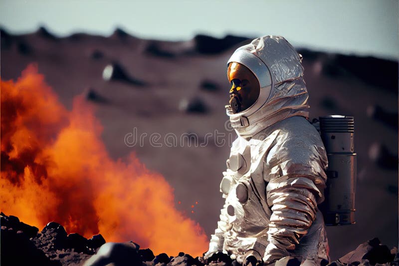 Volcanologist in Silver Hazmat Suit, Explosions of Lava. Volcano. Ai ...