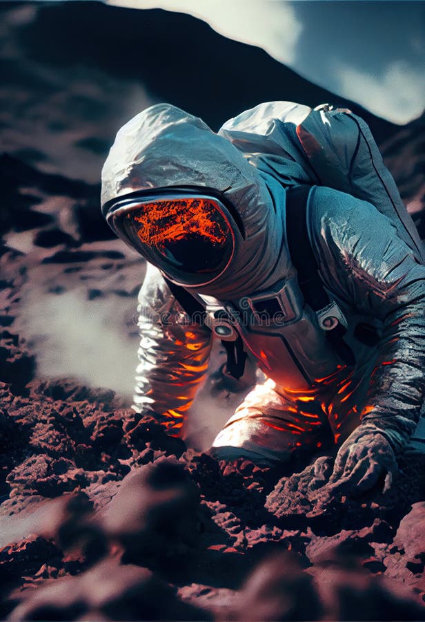 Volcanologist in Silver Hazmat Suit, Explosions of Lava. Volcano. Ai ...