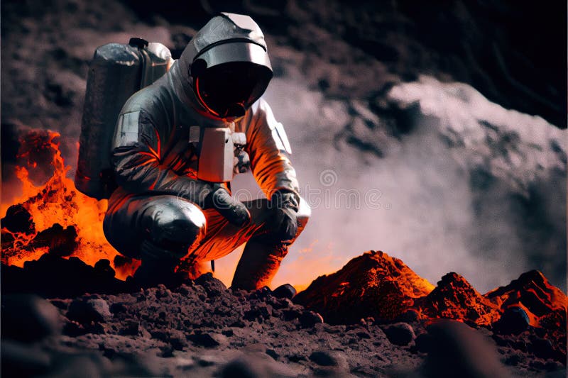 Volcanologist in Silver Hazmat Suit, Explosions of Lava. Volcano. Ai ...