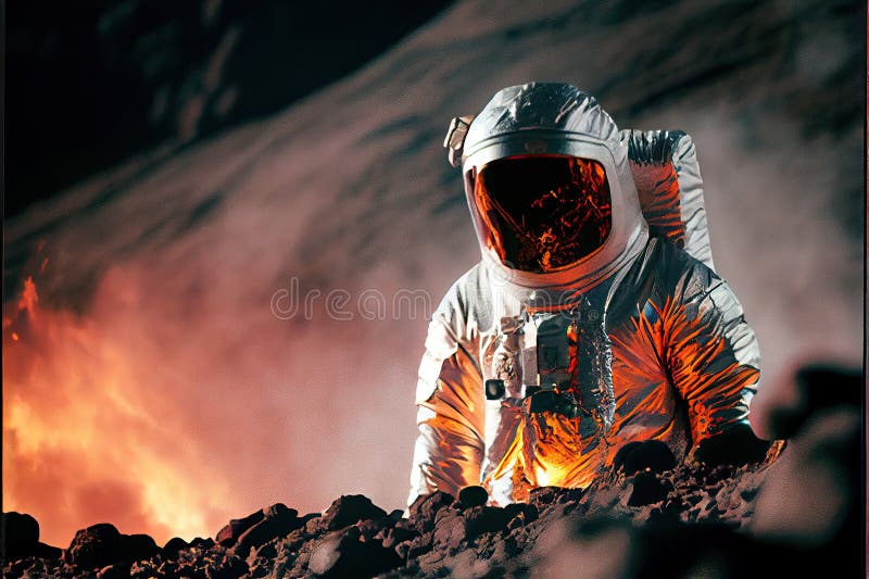 Volcanologist in Silver Hazmat Suit, Explosions of Lava. Volcano. Ai ...