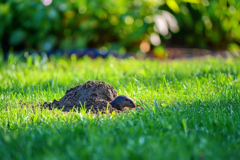 A Vole is Digging a New Hill in the Green Lawn Stock Image - Image of ...