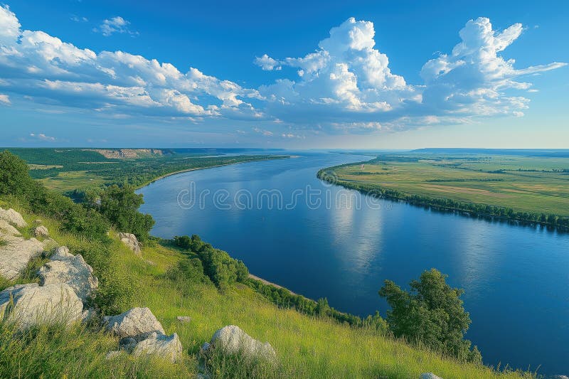 Volga River. Beautiful Summer Landscape with White Clouds. Stock ...