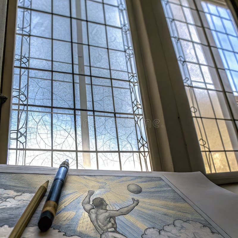 Artistic Representation of a Volleyball Player Near Stained Glass ...