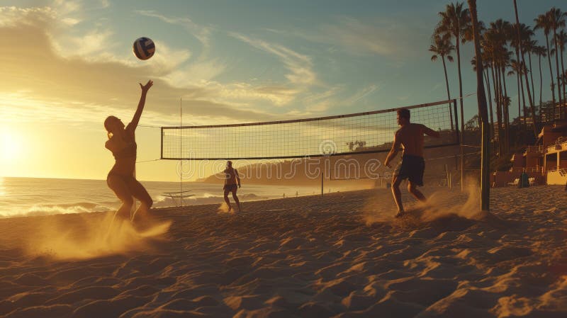 Volleyball Players Leap and Reach for the Ball during a Dramatic Sunset ...