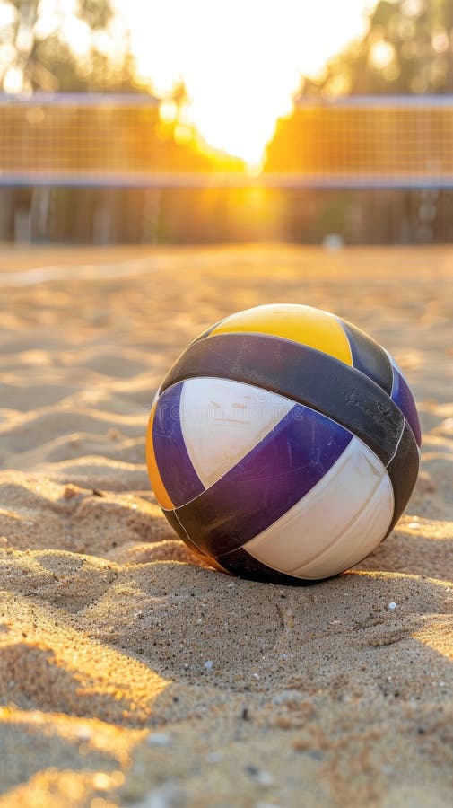 A Volleyball Sits in the Sand on a Beach, with a Volleyball Net in the ...