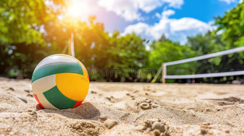 A Volleyball Sits in the Sand on a Beach, with a Volleyball Net in the ...