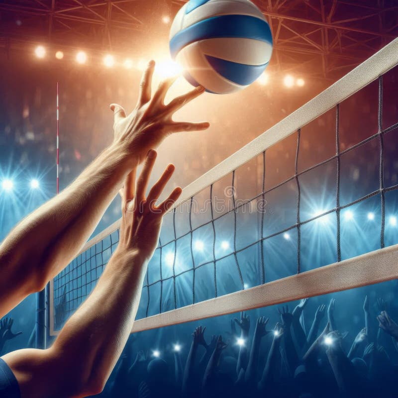 Volleyball Spike and Hand Block Over the Net in a Vibrant Stadium Stock ...