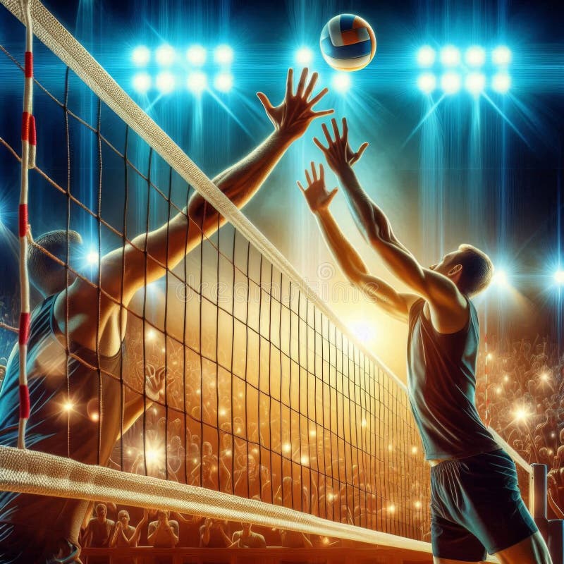Volleyball Spike and Hand Block Over the Net in a Vibrant Stadium Stock ...