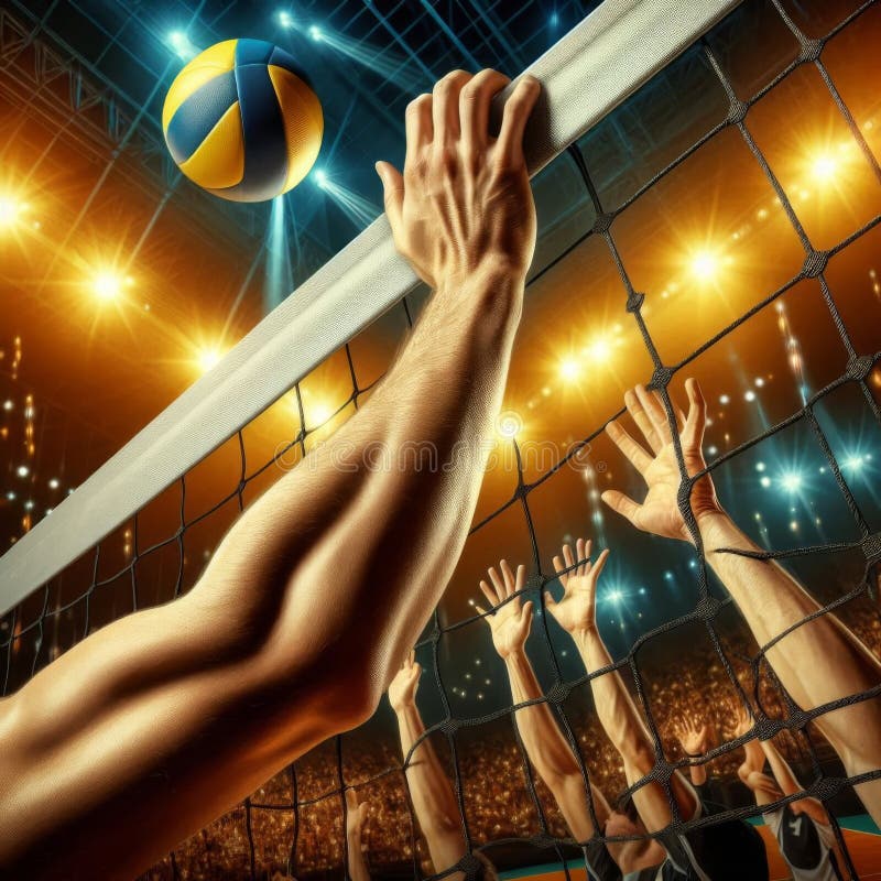 Volleyball Spike and Hand Block Over the Net in a Vibrant Stadium Stock ...