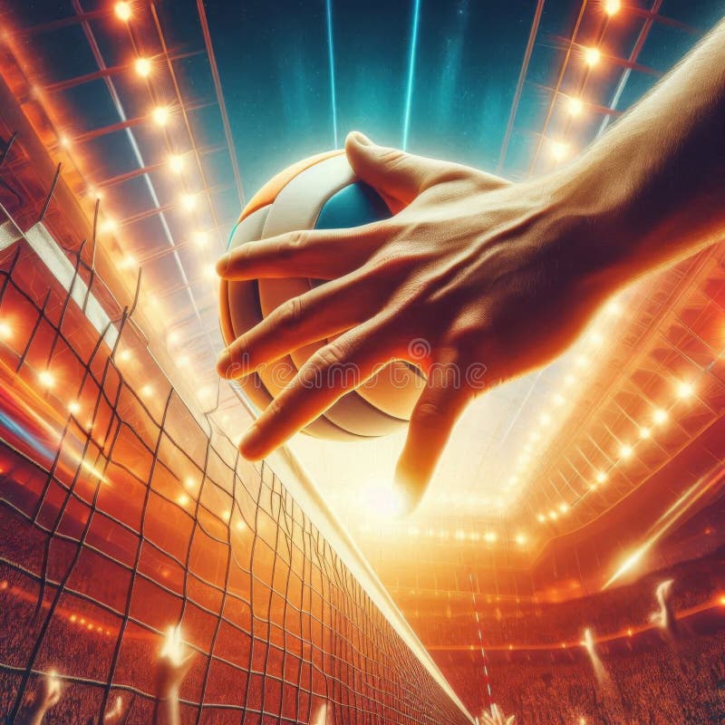 Volleyball Spike and Hand Block Over the Net in a Vibrant Stadium Stock ...