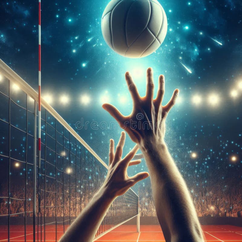 Volleyball Spike and Hand Block Over the Net in a Vibrant Stadium Stock ...