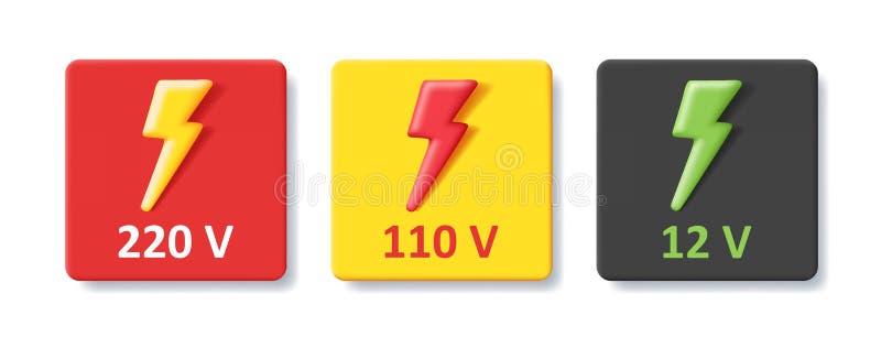 Voltage Icon Symbol with Numbers and Vector Bolt Lighting 3d Icon. Set ...