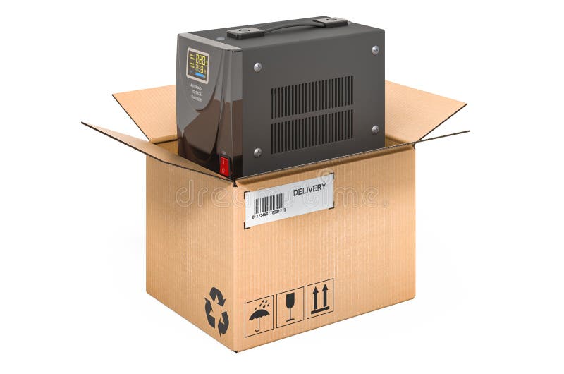 Voltage Stabilizer Inside Cardboard Box, Delivery Concept. 3D Rendering ...