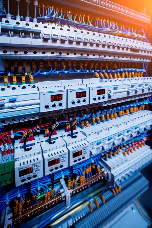 Voltage Switchboard with Circuit Breakers. Electrical Background. Stock ...