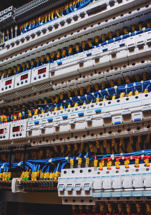 Voltage Switchboard with Circuit Breakers. Electrical Background. Stock ...