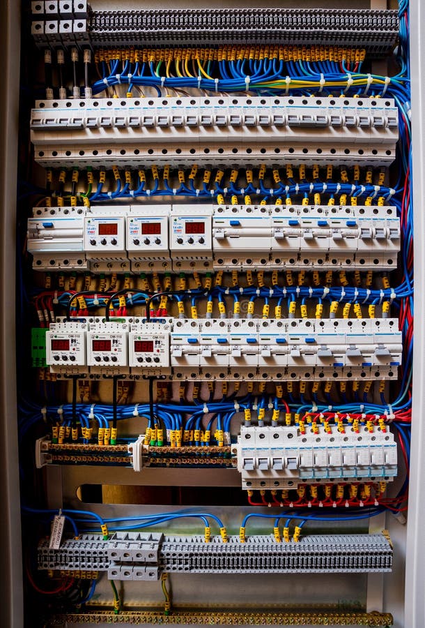 Voltage Switchboard with Circuit Breakers. Electrical Background. Stock ...