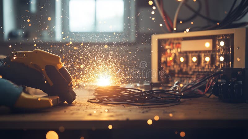 Voltage Tester Gloves and Wires Arranged on Workbench with Sparks ...