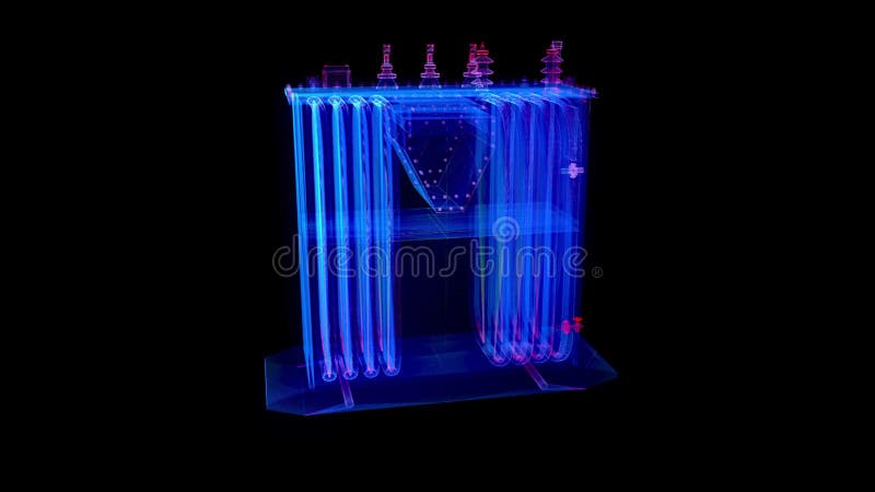 Voltage Transformer. Glowing Blue Light 3d Model Energy Substation with ...