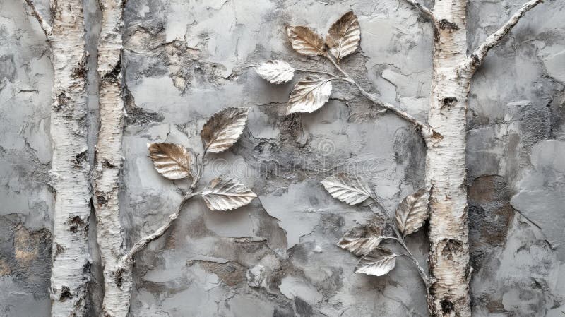Volumetric Stucco Panel of Birch Tree Bark and Leaves: Picture Stock ...